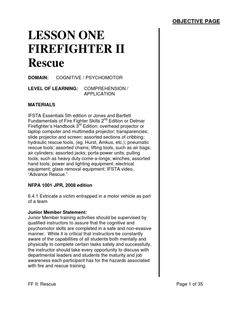 Lesson One Firefighter Ii Rescue: Domain: Cognitive / Psychomotor Level ...