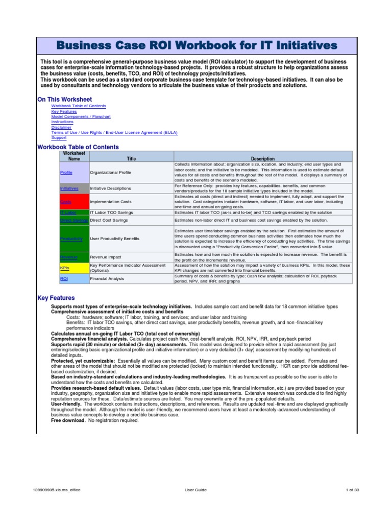 Business Case ROI Workbook For IT Initiatives: On This Worksheet | PDF ...