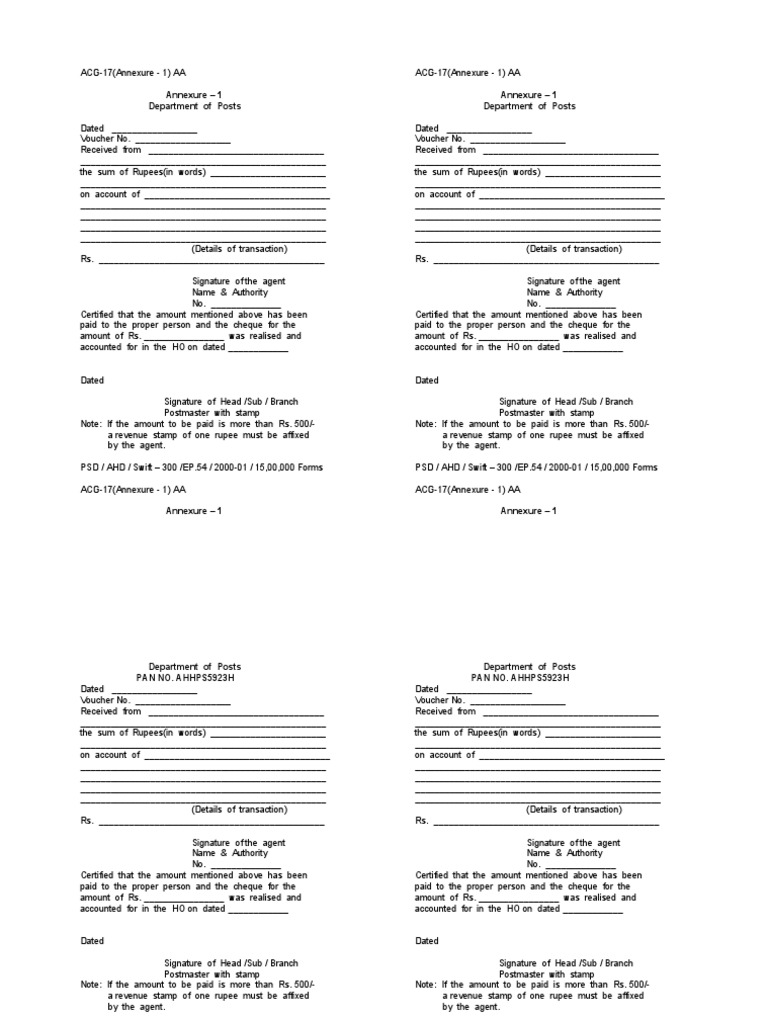 ACG-17 Form for Post Office Transactions | PDF | Postage Stamp | Cheque