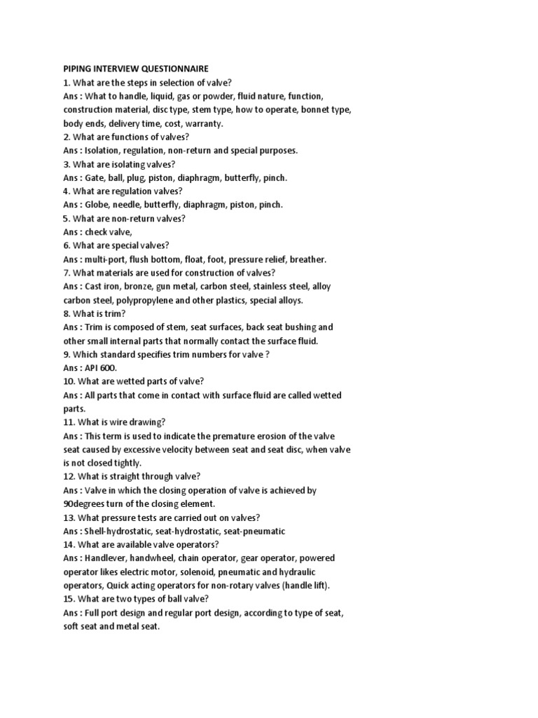 Piping Interview Valve Questionnaire | PDF | Valve | Chemical Engineering