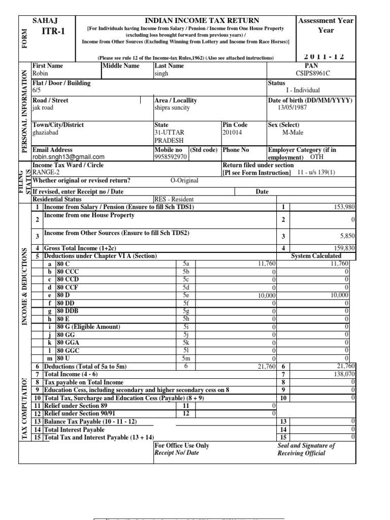 Assessment Year Indian Income Tax Return Year Sahaj: Seal and Signature ...