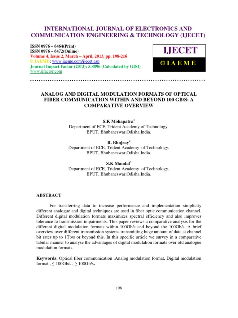 Analog And Digital Modulation Formats Of Optical Fiber Communication Within And Beyond Pdf