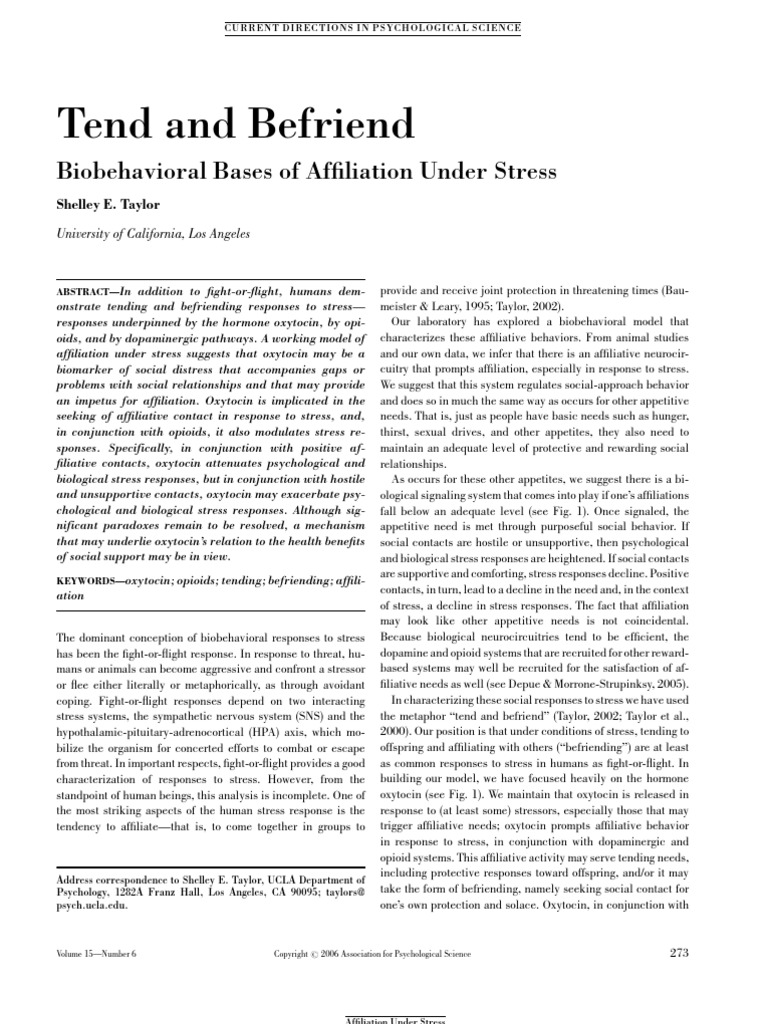 Taylor 2006 Tend and Befriend | PDF | Hypothalamic–Pituitary–Adrenal ...