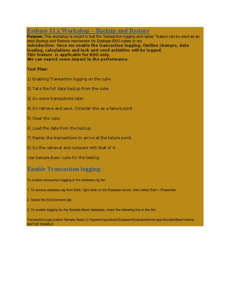 Essbase Workshop - Backup and Restor | PDF | Database Transaction | Databases