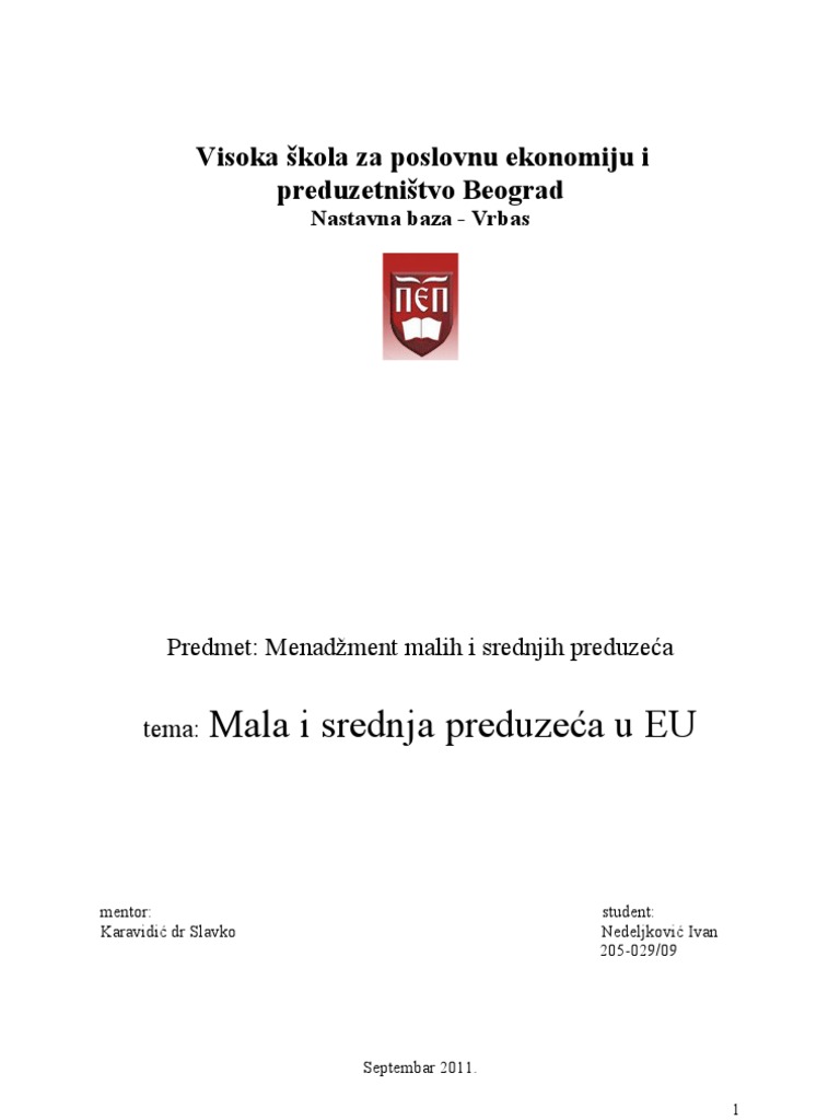 Mala I Srednja Preduzeca U EU Seminarski | PDF