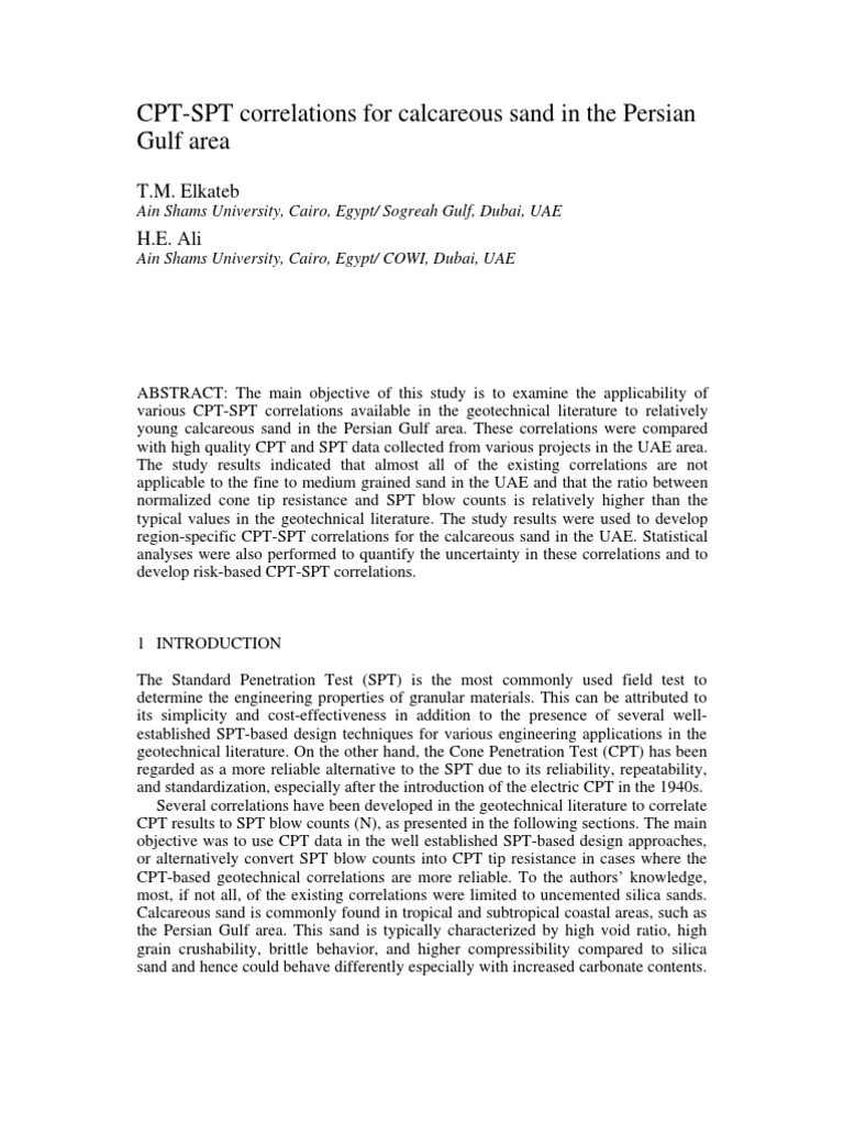 CPT-SPT Correlations for Calcareous Sand | PDF | Correlation And Dependence | Regression Analysis