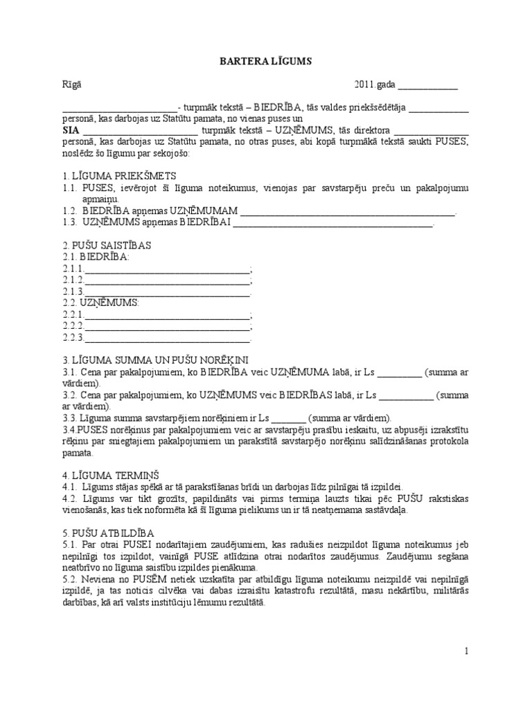 Bartera-Ligums Paraugs | PDF