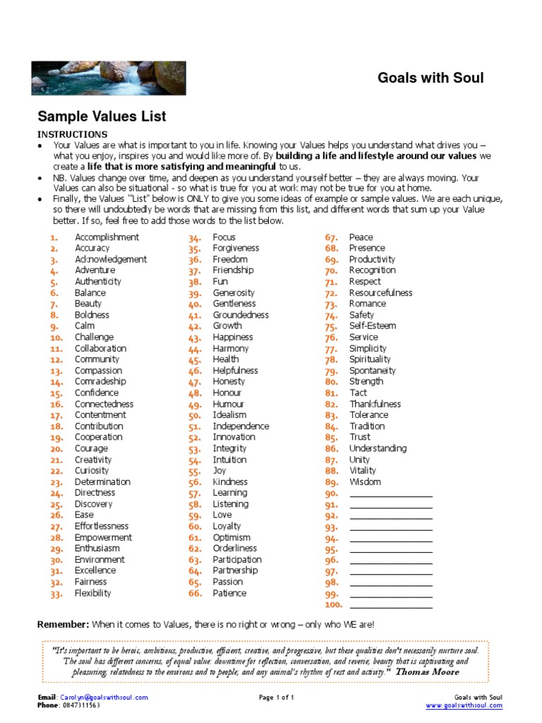 Sample Values List | PDF | Metaphysics Of Mind | Psychology