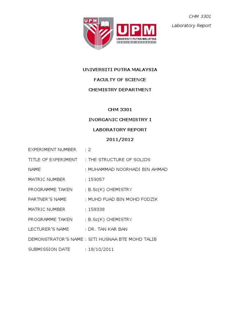 Lab Report - Exp 2 - CHM 3301 | PDF | Crystal Structure | Chemical Bond