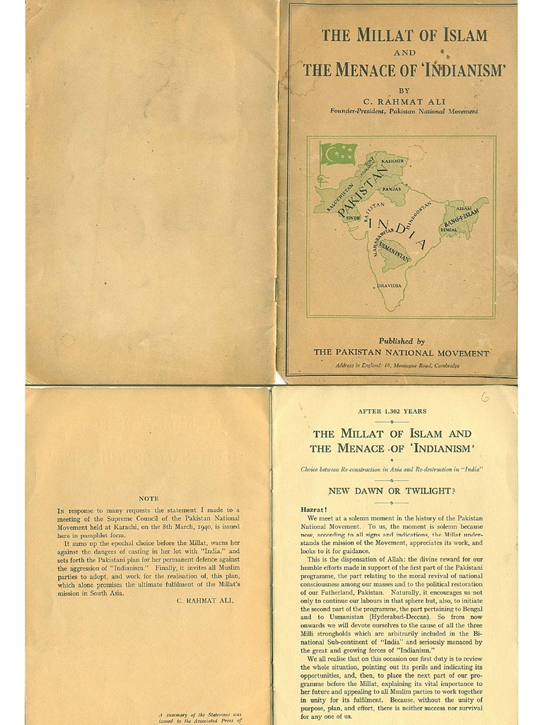 The Millat of Islam & Menace of Indianism-By Chaudhry Rehmat Ali 1931-Cambridge | PDF