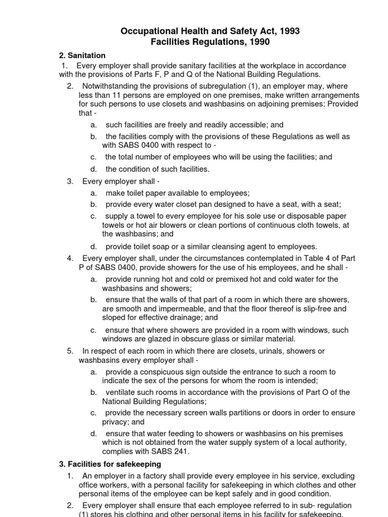 Facilities Regulations, 1990 | PDF | Shower | Employment