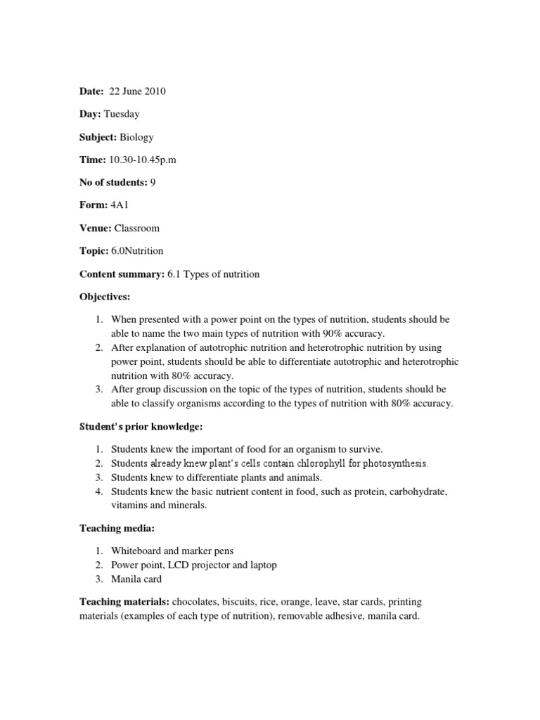 6.1 Type of Nutrition Lesson Plan | PDF | Nutrition | Diet & Nutrition