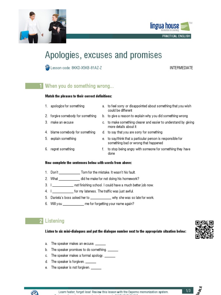 Apologies, Excuses & Promises Lesson | PDF | Forgiveness