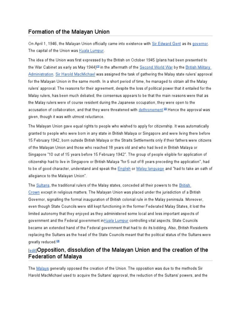 Formation of The Malayan Union | PDF | Government | Constitutional Law