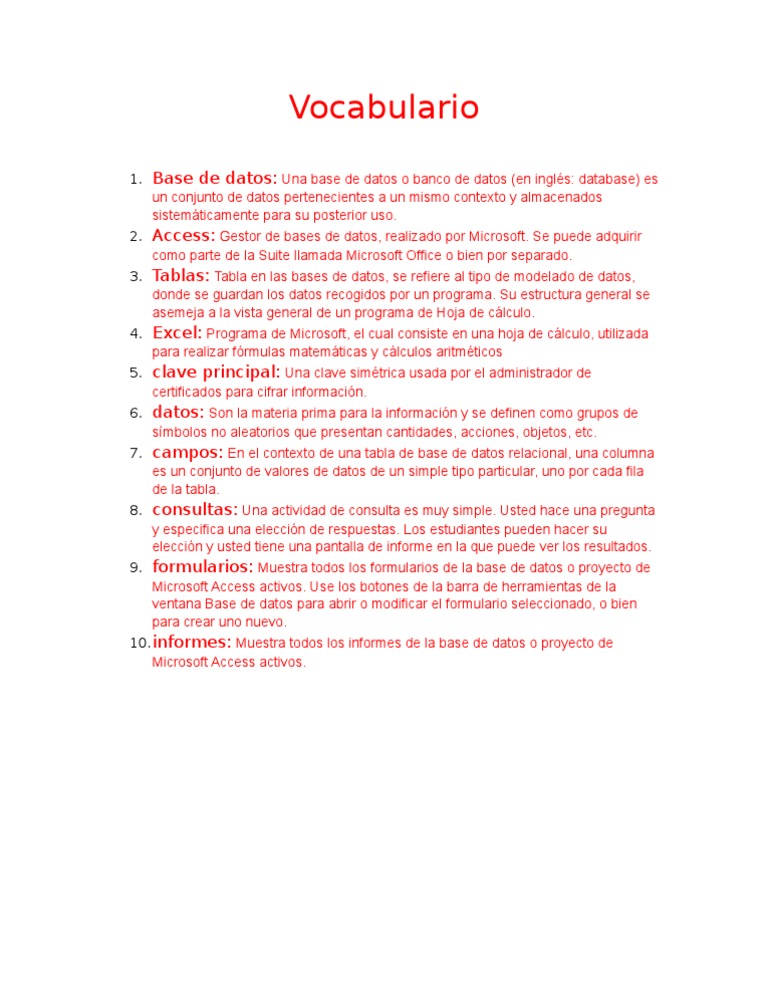 Vocabulario Completo (10 Palabras) | PDF