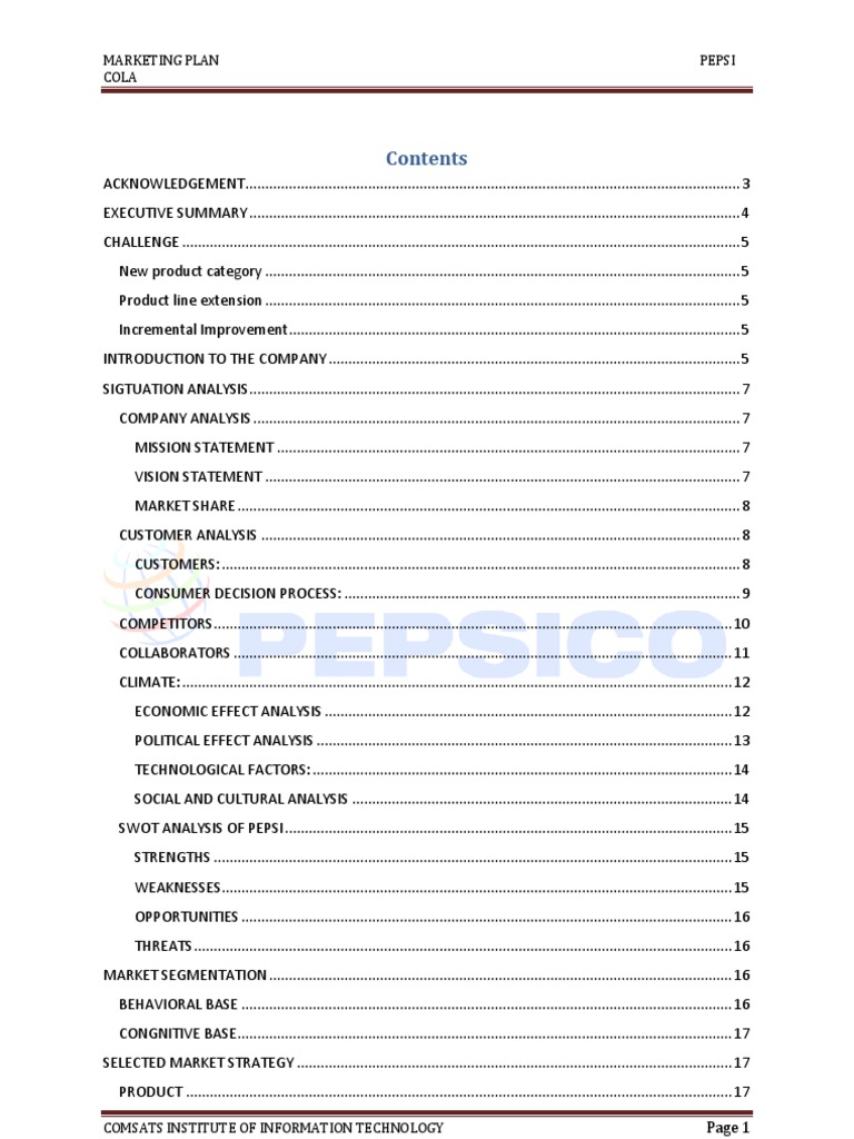Marketing Plan On Pepsico | PDF | Pepsi Co | Pepsi