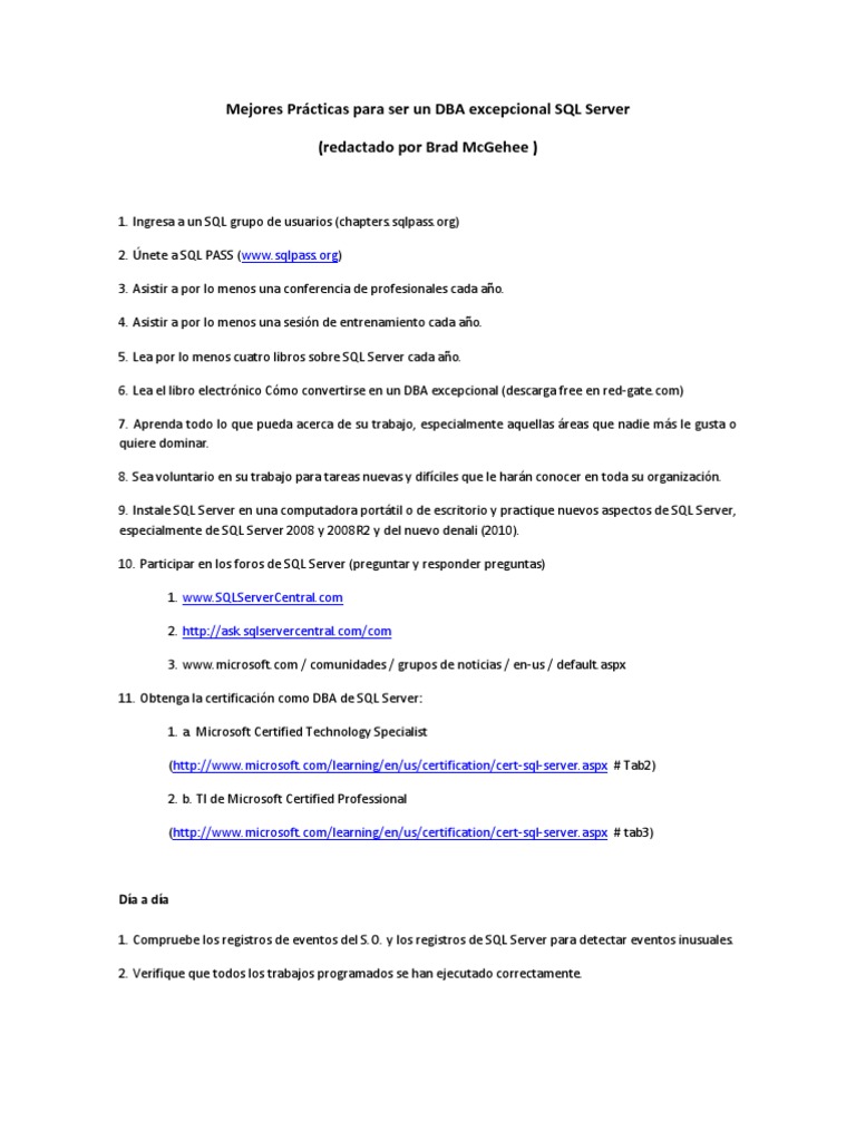 Mejores Prácticas para Convertirse en un DBA Excepcional de SQL Server | PDF | Servidor SQL de ...