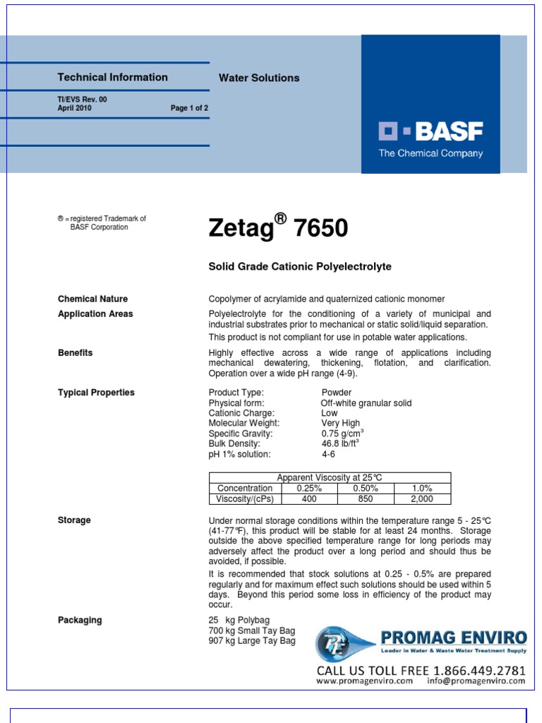 Chemicals Zetag DATA Powder Zetag 7650 - 0410 | PDF | Water | Physical ...