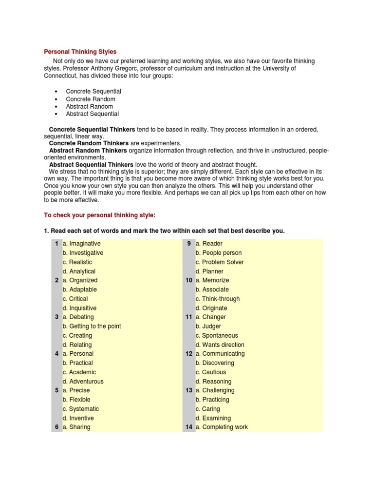 Understanding Gregorc Thinking Styles | PDF | Intellectual | Abstraction