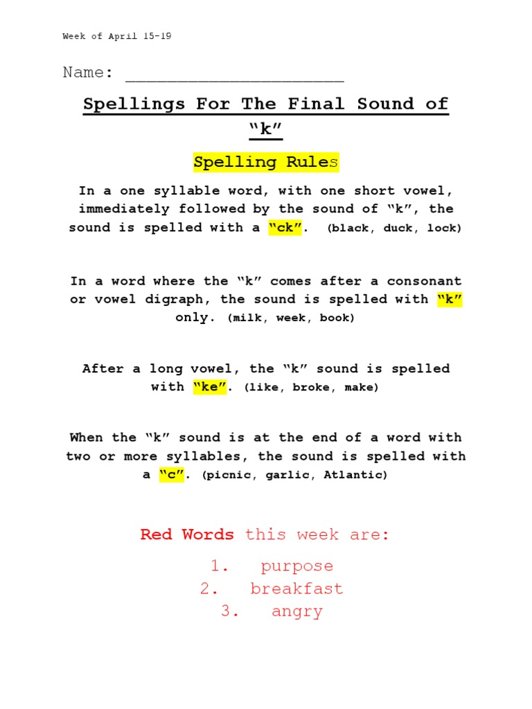 Spelling Rules for Final "k" Sounds | PDF