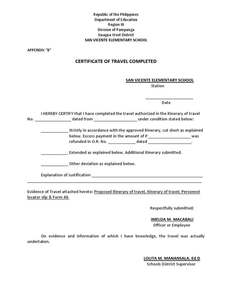 Certificate of Travel Completed | PDF