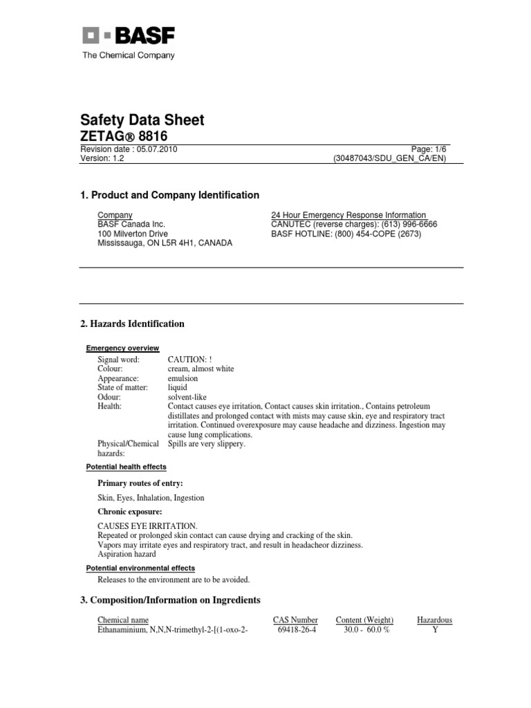 Chemicals Zetag MSDS Inverse Emulsion Zetag 8816 - 0710 | PDF ...