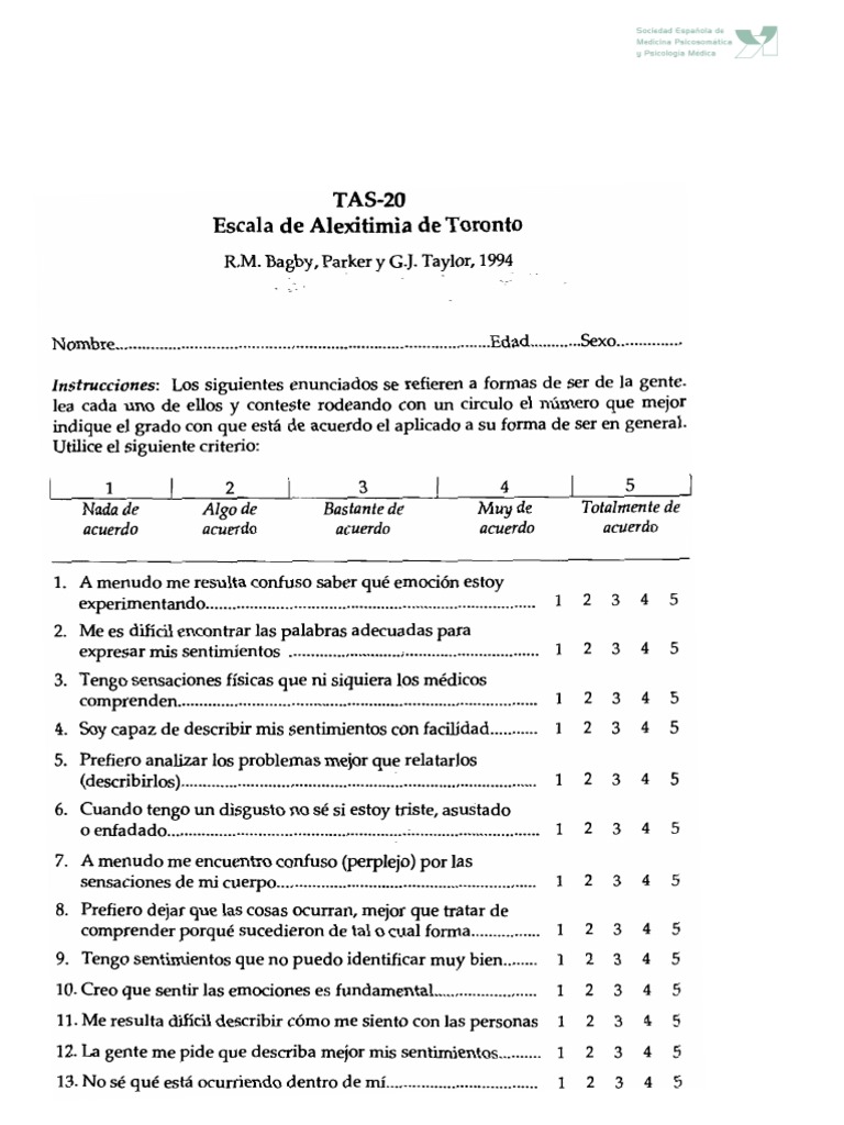 TAS-20. Escala de Alexitimia de Toronto | PDF