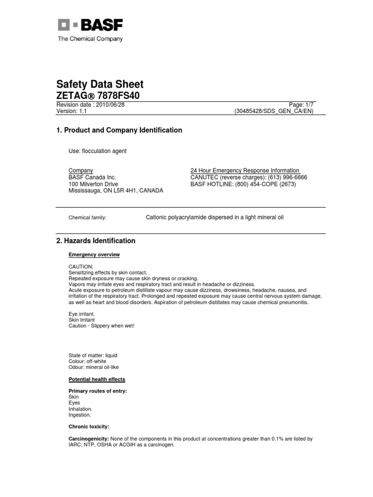 Chemicals Zetag MSDS LDP Zetag 7878 FS 40 - 0610 | PDF | Toxicity | Water