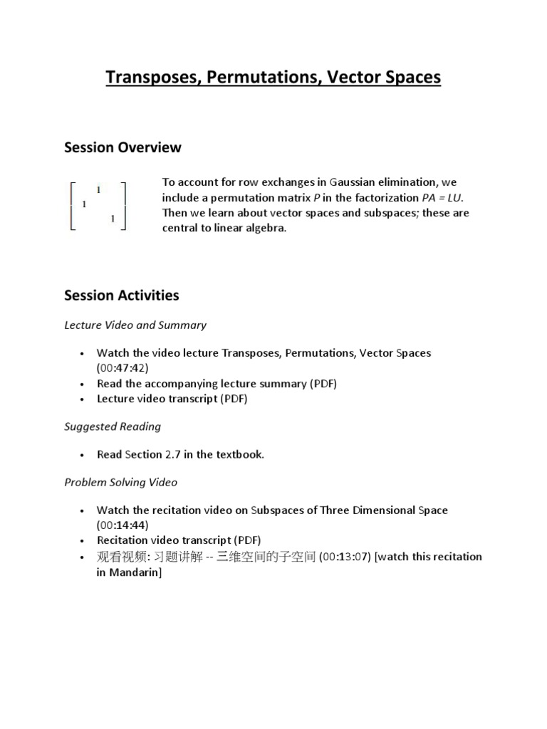 Linear Algebra: Transposes & Permutations | PDF | Computers