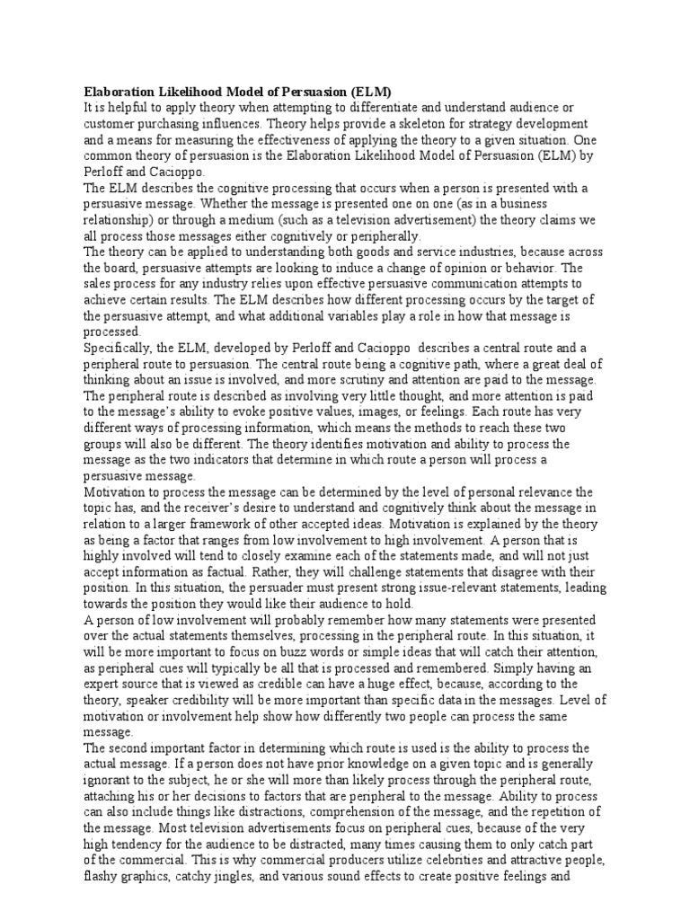 Elaboration Likelihood Model Guide | PDF | Persuasion | Action (Philosophy)