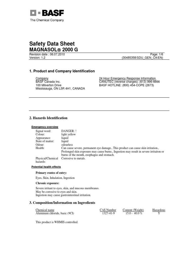 Chemicals Zetag MSDS Magnasol 2000 G - 0710 | PDF | Toxicity ...