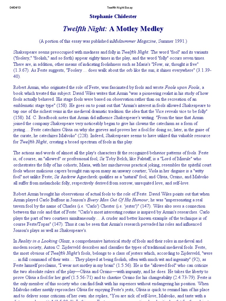 Twelfth Night Essay | PDF | Twelfth Night | Jester