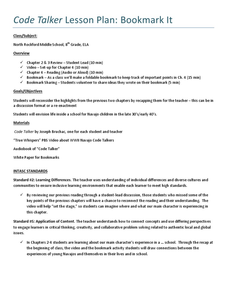 Code Talker Lesson Plan: Bookmark It | PDF