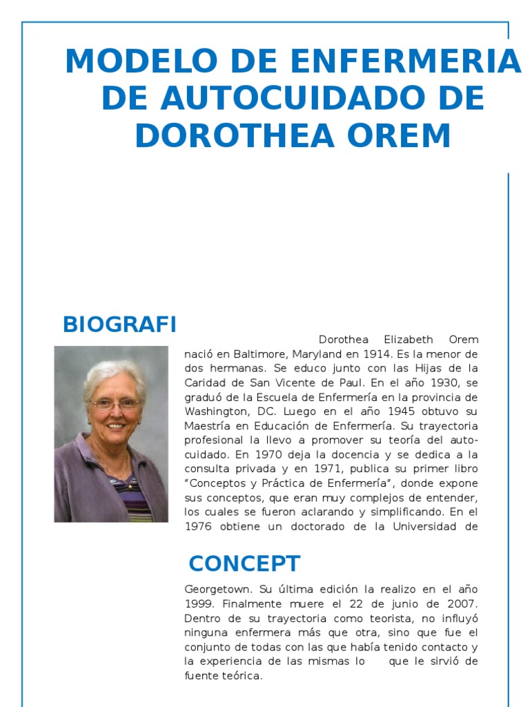 Modelo de Enfermeria de Autocuidado de Dorothea Orem | PDF | Enfermería | Sicología