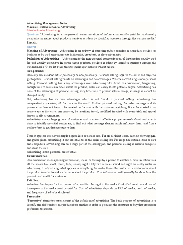 Advertising Management Notes | PDF | Marketing Communications | Advertising