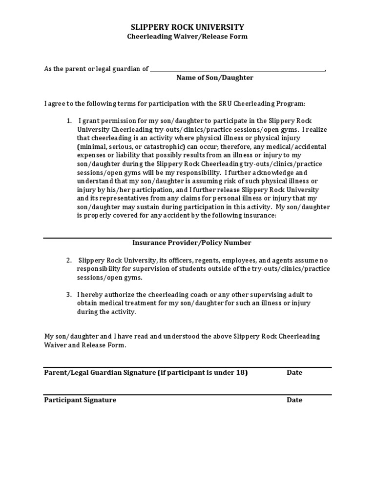 Slippery Rock University: Cheerleading Waiver/Release Form | PDF ...