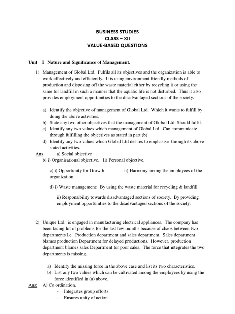Value Based Questions-XII - Business Studies | PDF