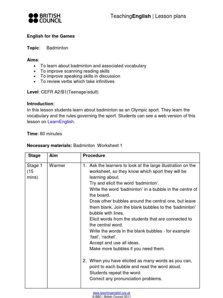 Badminton Lesson Plan | Download Free PDF | Lesson Plan | Vocabulary