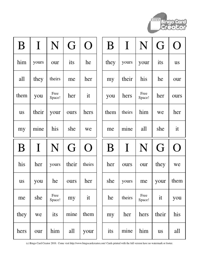Pronoun Bingo Card List | PDF
