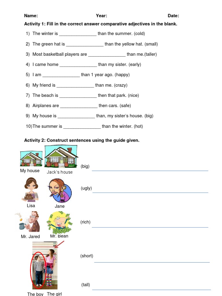 Name: Year: Date: Activity 1: Fill in The Correct Answer Comparative ...