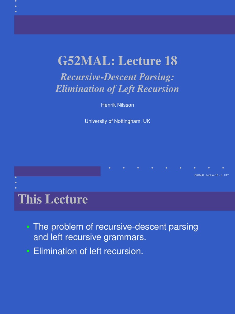 G52MAL: Lecture 18: Recursive-Descent Parsing: Elimination of Left Recursion | PDF | Parsing ...