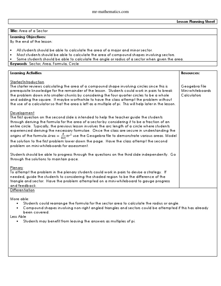 Area of a Sector Lesson Plan | PDF | Teaching Methods & Materials