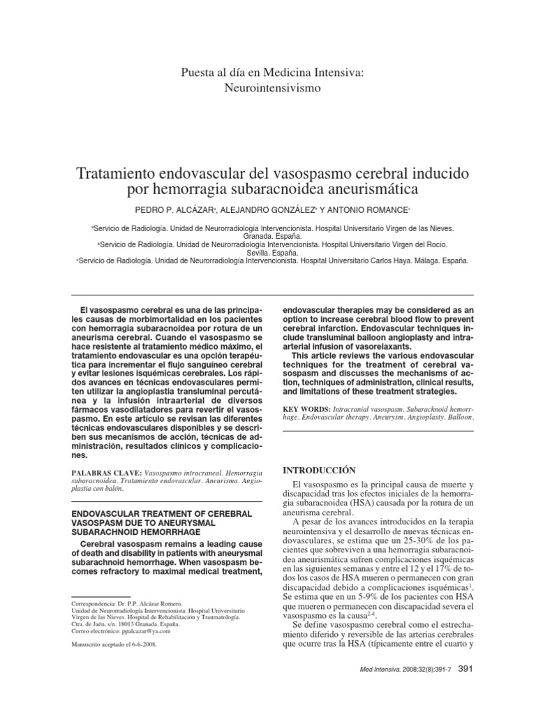 Tratamiento endovascular del vasospasmo cerebral | PDF | Angiología ...