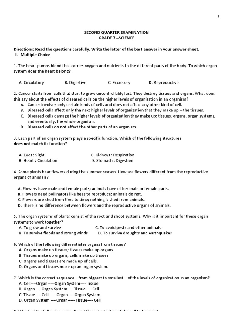 Grade 7 Science Examination Second Quarter