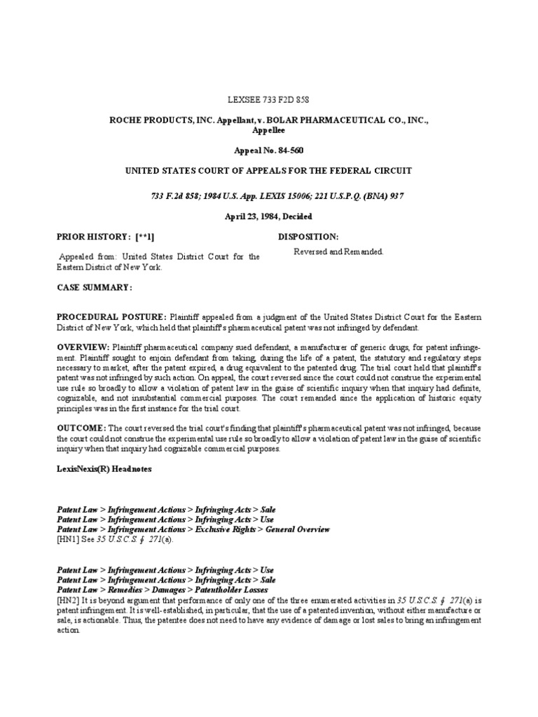 Roche v. Bolar Pharmaceutical Co. | PDF | Equity (Law) | Glossary Of ...