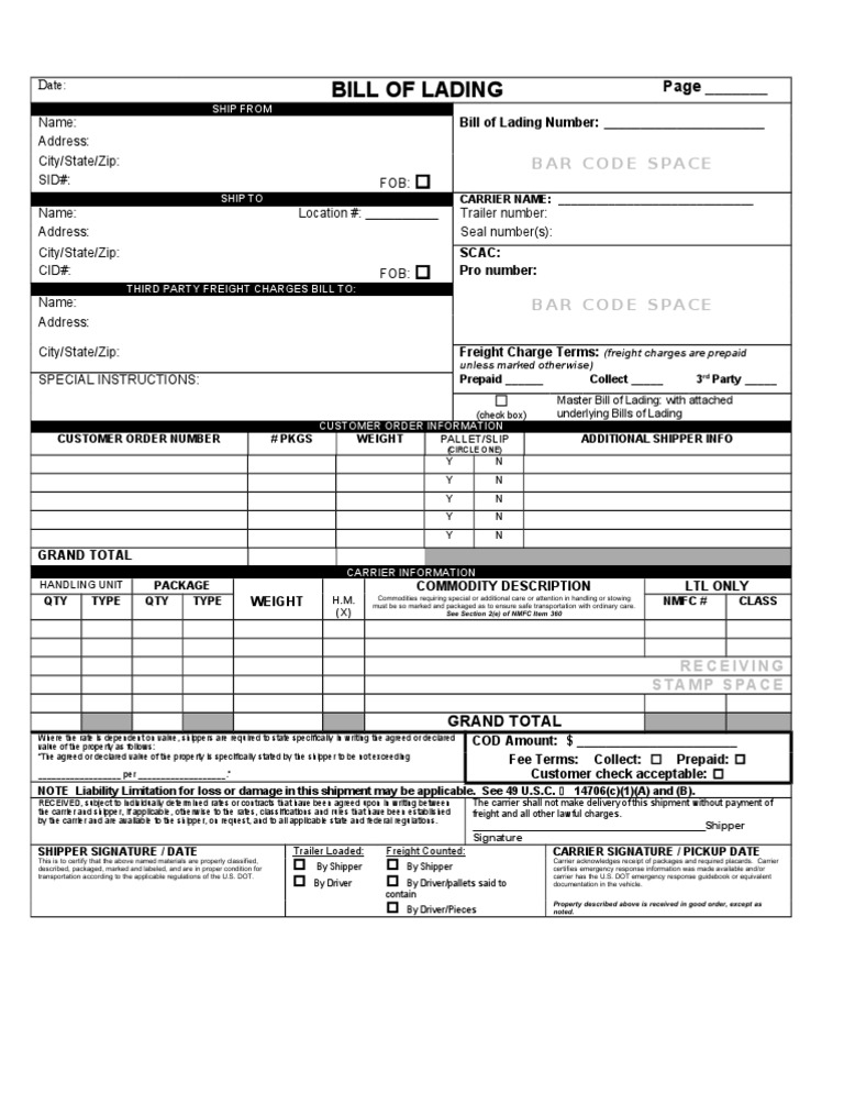 Blank Bill of Lading (BOL) Form | PDF | Cargo | Services (Economics)