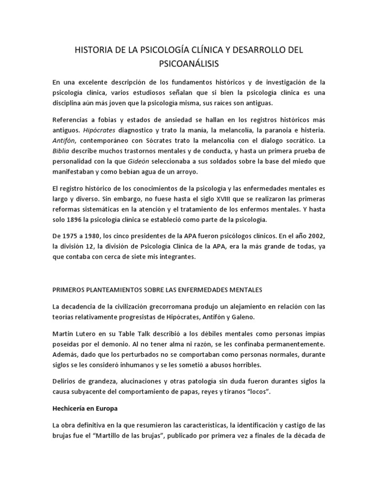 Historia de La Psicología Clínica y Desarrollo Del Psicoanálisis | PDF | Psicoanálisis | Mente ...