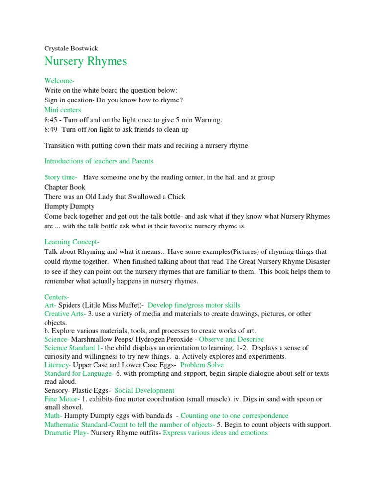 Nursery Rhymes Lesson Plan Overview | PDF | Preschool | Learning