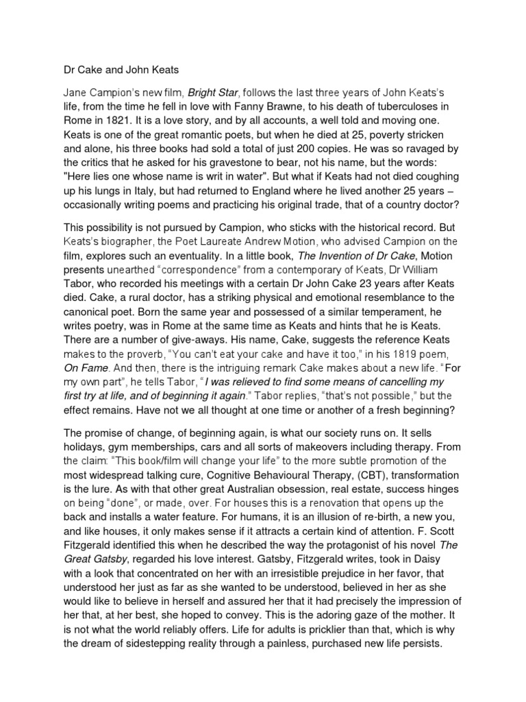 Jane Campion's Film Bright Star, and The Facinating Story of DR Cake ...