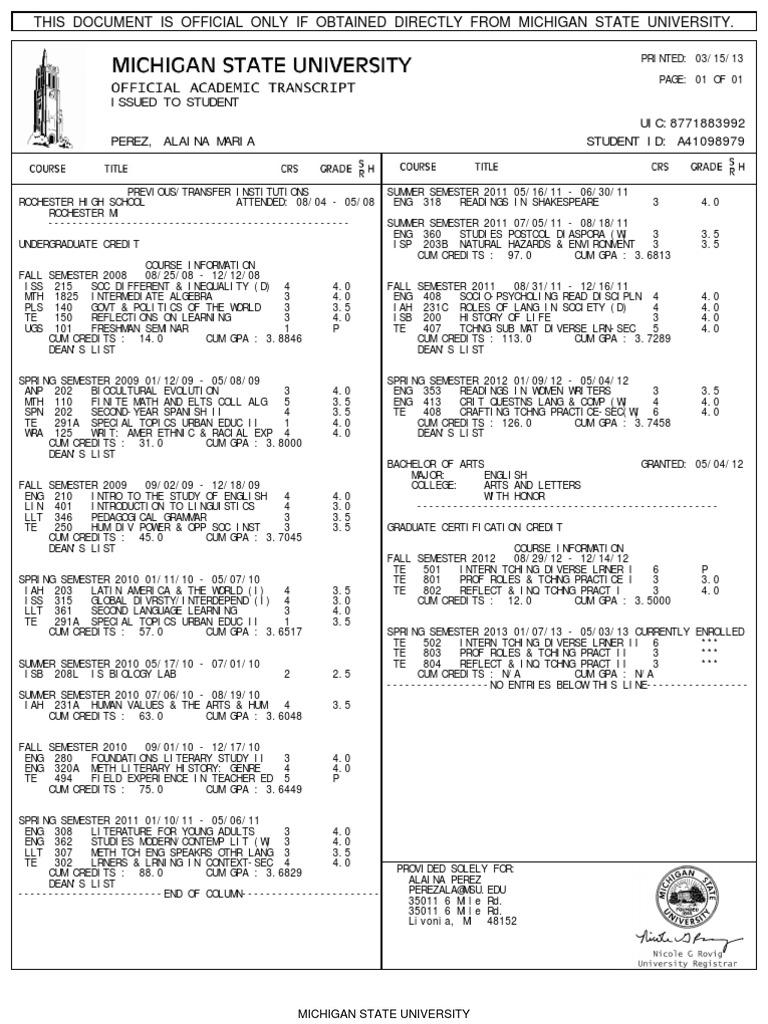 Official Transcript | Grading (Education) | Michigan State University